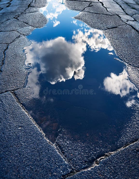 Reflection of Blue Sky and Clouds in Puddle on Cracked Pavement with ...