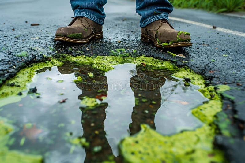Reflection of Boots in Green Puddle Stock Image - Image of poison ...