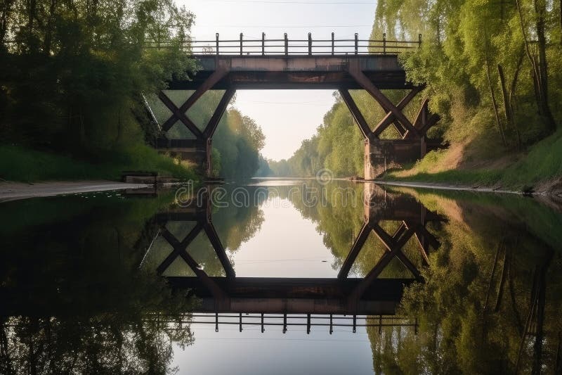 Reflection of Bridge and Water Channel on Still Lake Stock Illustration ...