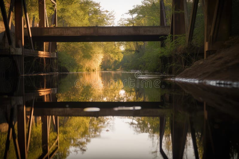 Reflection of Bridge and Water Channel on Still Lake Stock Illustration ...