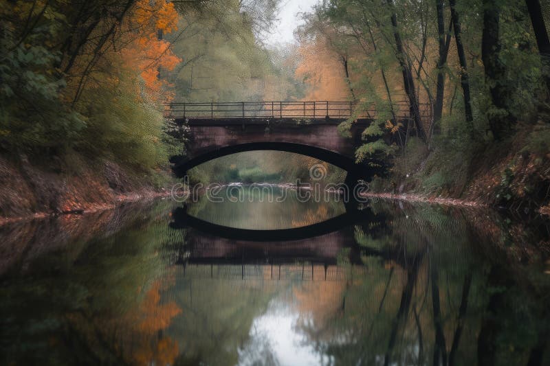 Reflection of Bridge and Water Channel on Still Lake Stock Photo ...