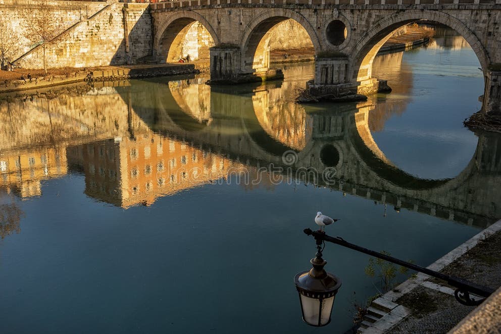 Reflection of Bridges in the River Water. Rome Stock Photo - Image of ...