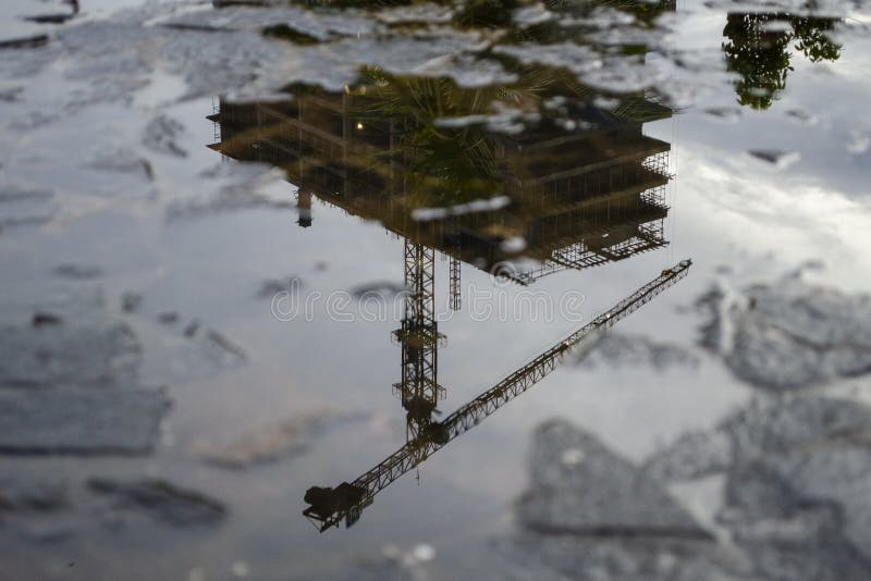 Reflection of Building Construction Stock Photo - Image of water, crane ...