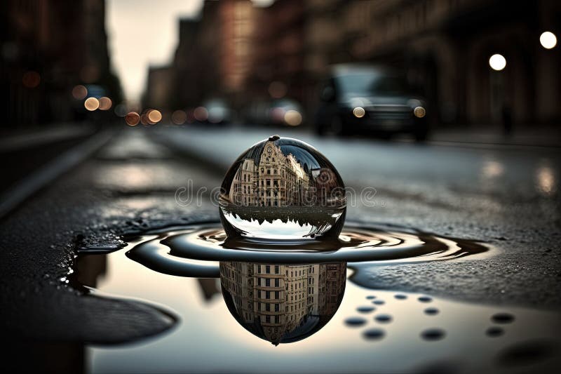 A Reflection of a Building in a Puddle of Water on a City Street ...
