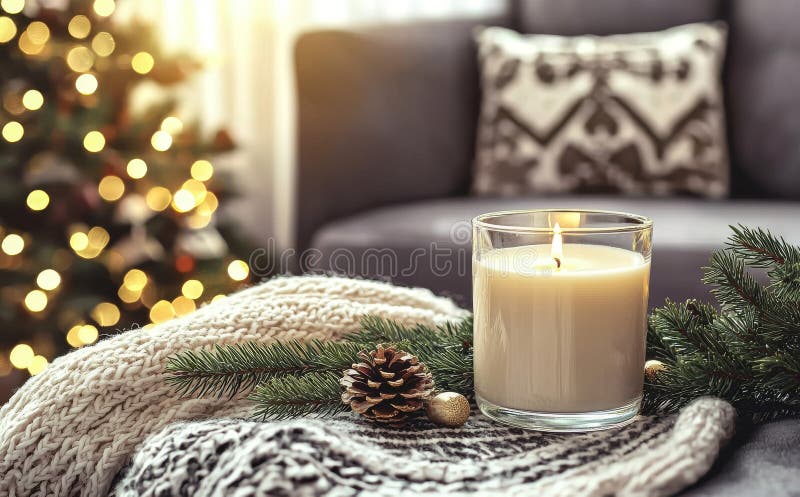 The Reflection of a Candle and Festive Greenery Adorns a Cozy Winter ...