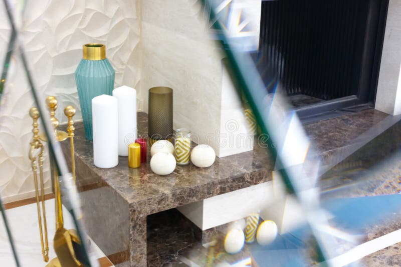 Reflection of Candles in the Mirror. Fireplace in the Living Room ...