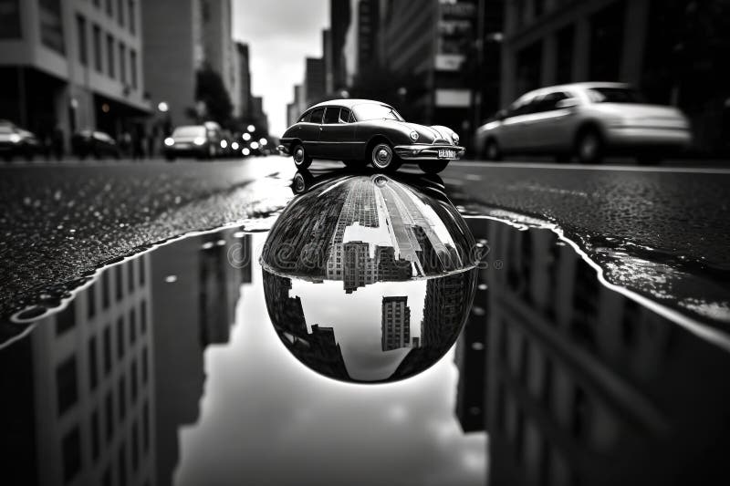 A Reflection of a Car in a Puddle on a City Street. Generative Ai Stock ...