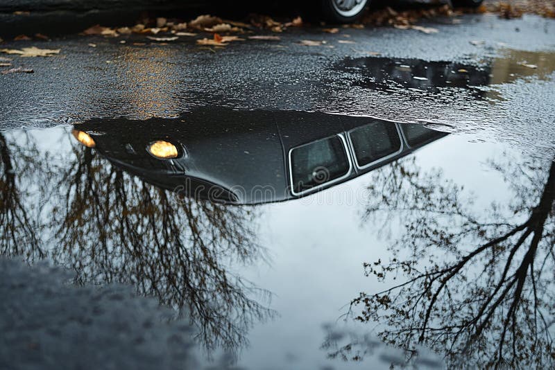 Reflection of a Car in a Puddle after Rain Stock Illustration ...