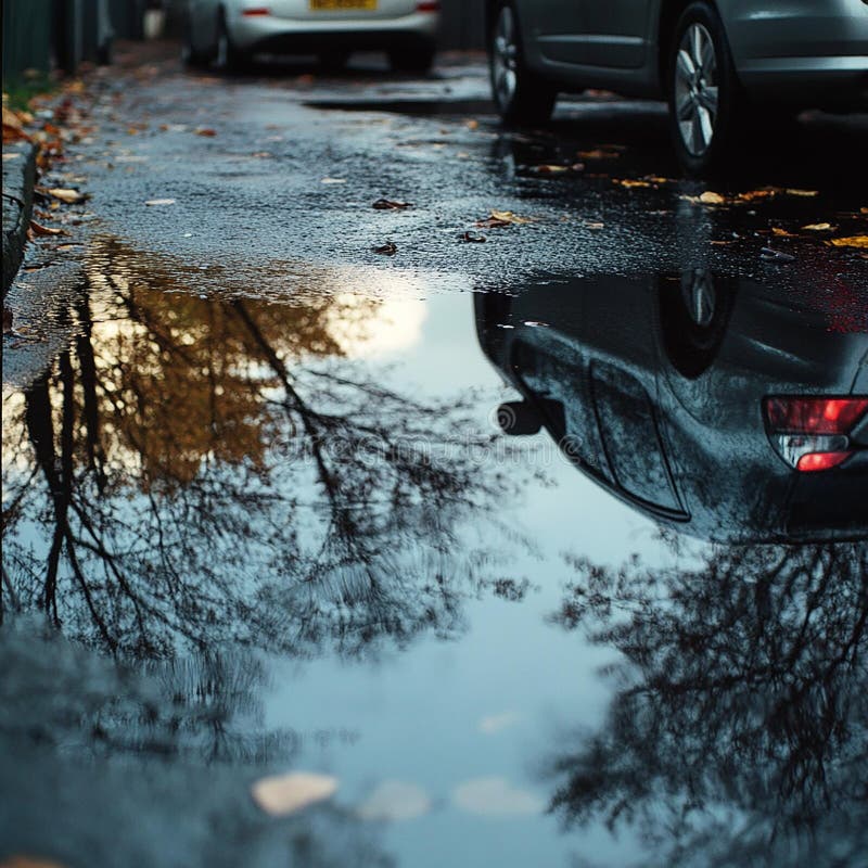 Reflection of a Car in a Puddle after Rain Stock Illustration ...