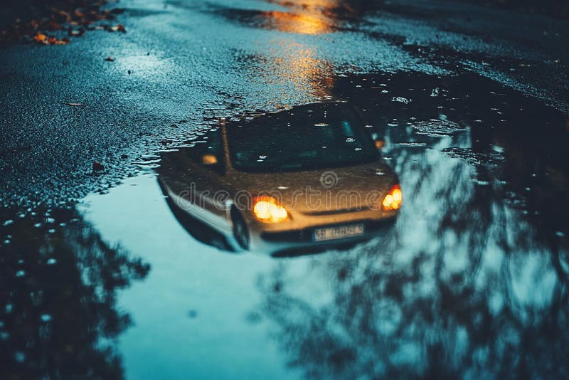 Reflection of a Car in a Puddle after Rain Stock Illustration ...