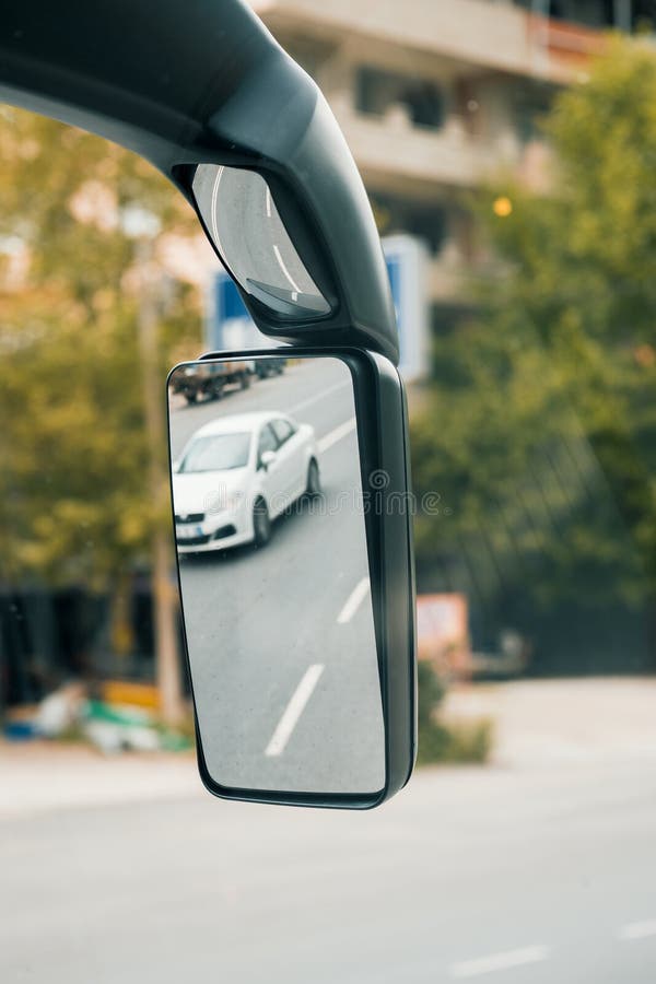 Reflection of a Car on the Side Mirror of Intercity Coach Bus Stock ...