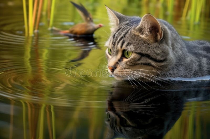 Reflection of Cat and Bird in a Pond during Hunt Stock Image - Image of ...