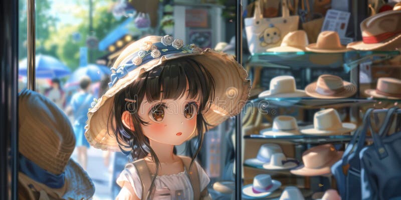 The Reflection of a Chibi Girl Trying on Hats in a Boutique Mirror, a ...