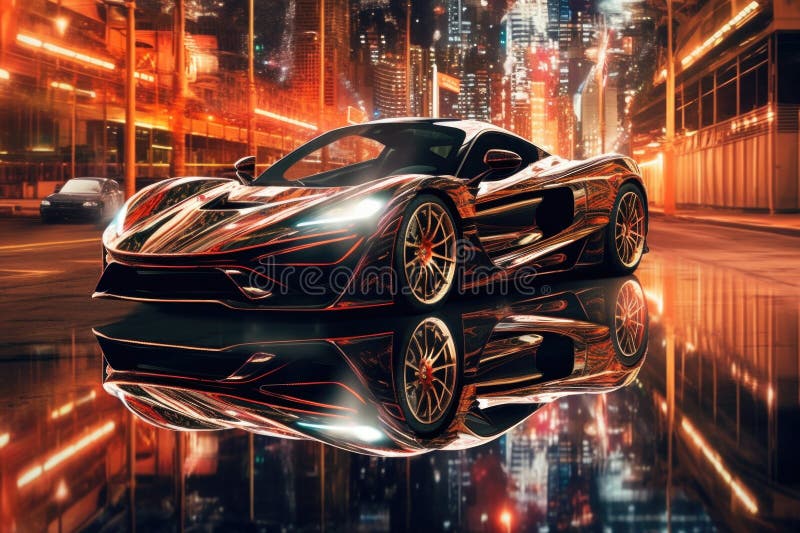 Reflection of City Lights on Hypercars Glossy Surface Stock ...