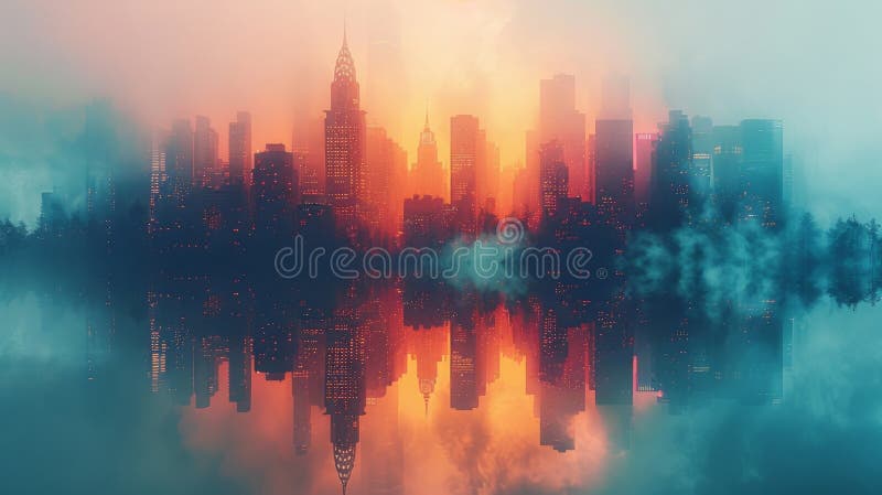 A Reflection of a City Skyline with Buildings and Their Inverted Images ...