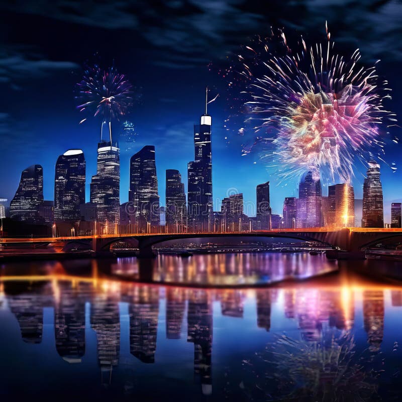 Reflection of a City Skyline with Colorful Fireworks in a Rive Stock ...