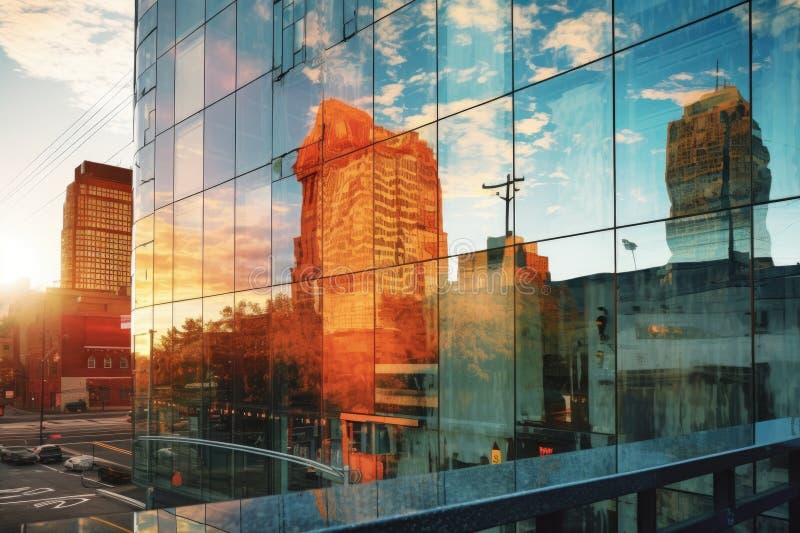 Reflection of Cityscape on a Glass Building Exterior Stock Illustration ...