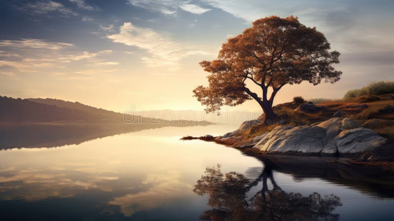 Reflection cliff tree stock illustration. Illustration of scenic ...