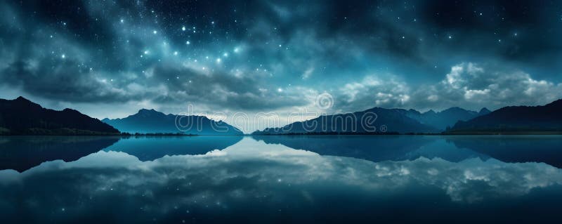Reflection of Clouds Over a Calm Lake on a Starry Night. Concept ...