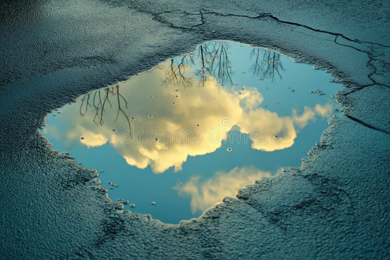 Reflection of Clouds and Trees in a Puddle on a Rainy Street during ...