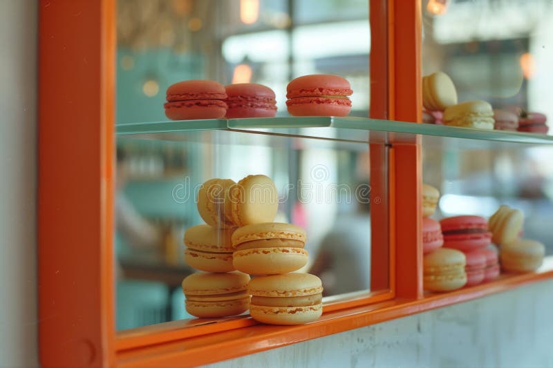Reflection of Colorful Macarons on Display in a Bakery Window Stock ...