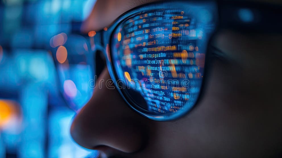 Reflection of Computer Code in Programmer& X27;s Glasses Stock Photo - Image of programmer ...