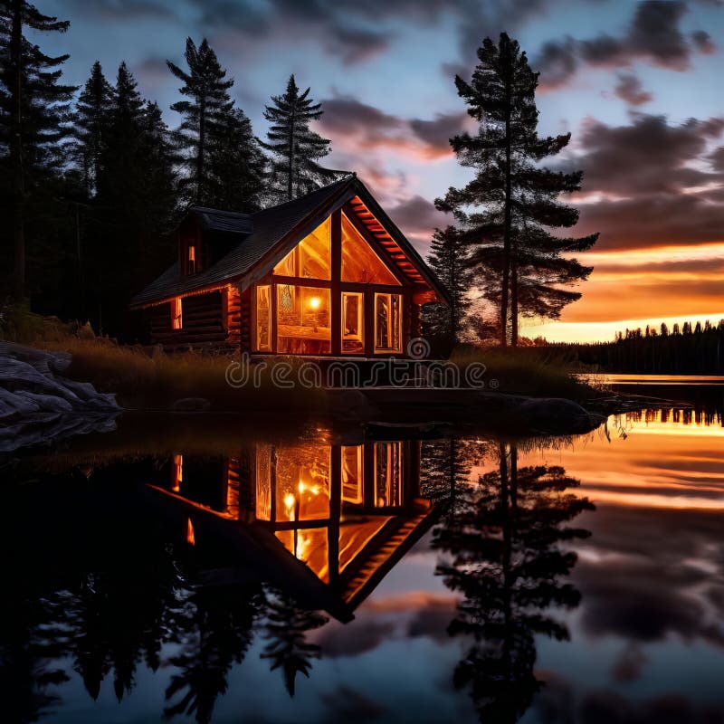 Reflection of a Cozy Cabin by a Lake at Sunset Showcasing a Pe Stock ...