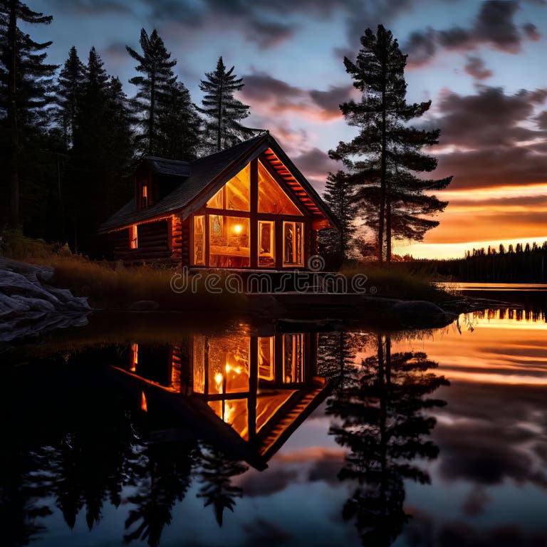 Reflection of a Cozy Cabin by a Lake at Sunset Showcasing a Pe Stock ...