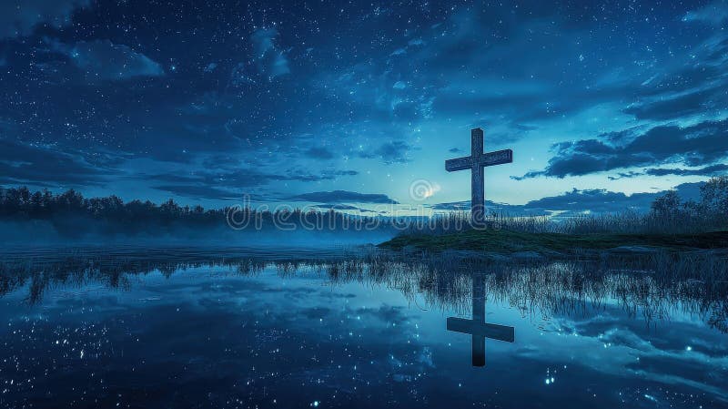 Reflection of Cross in Tranquil Water Under Night Sky Stock ...