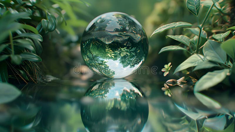 Reflection in Crystal Ball of Green Grass and Flowers in Water. Stock ...