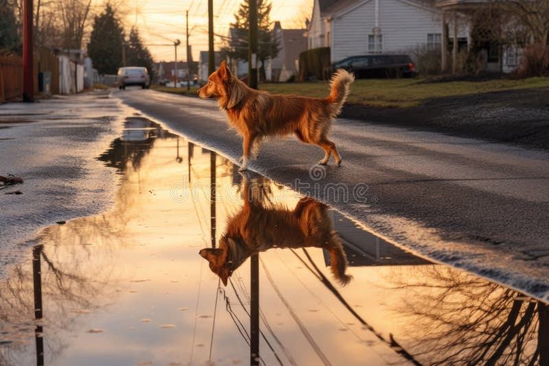 Reflection of Dog Chasing Tail in a Puddle Stock Photo - Image of ...