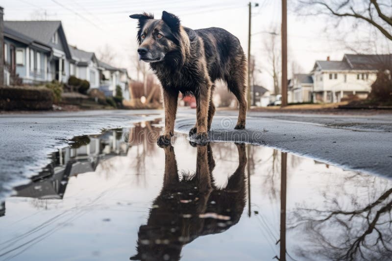 Reflection of Dog Shaking Water Off in Puddle Stock Illustration ...
