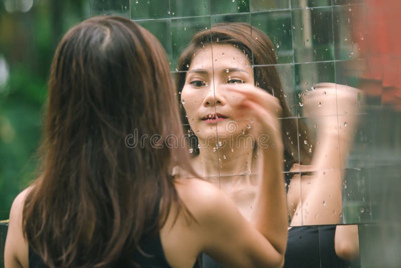 The Reflection of a Woman in the Mirror Stock Photo - Image of cosmetic ...