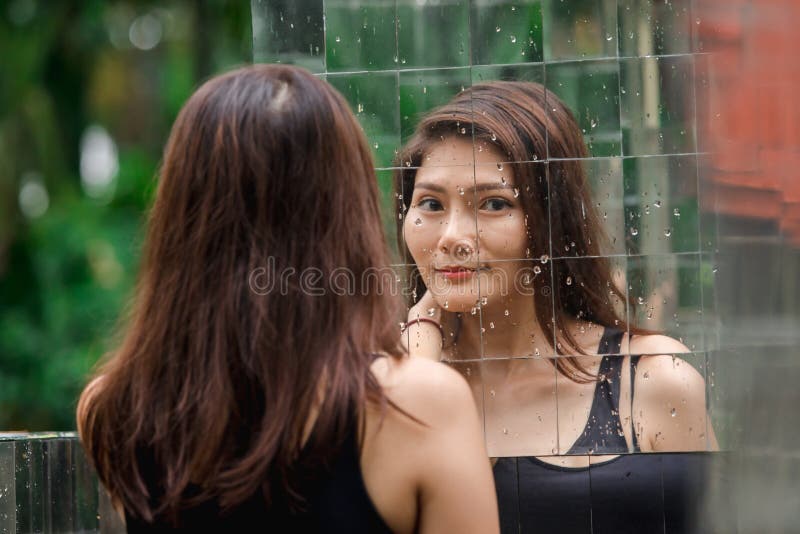 The Reflection of a Woman in the Mirror Stock Photo - Image of cosmetic ...