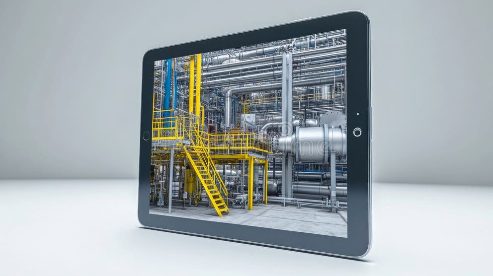 The Reflection of the Factory Skyline on a Tablet Screen Represents ...