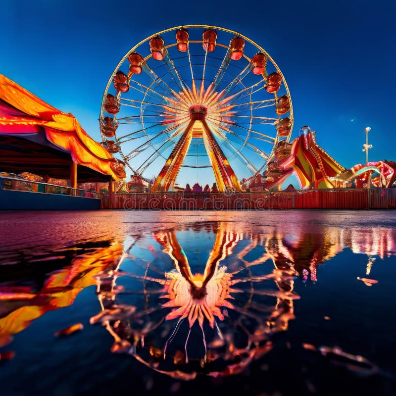Reflection of a Ferris Wheel in a Carnivals Water Feature Show Stock ...