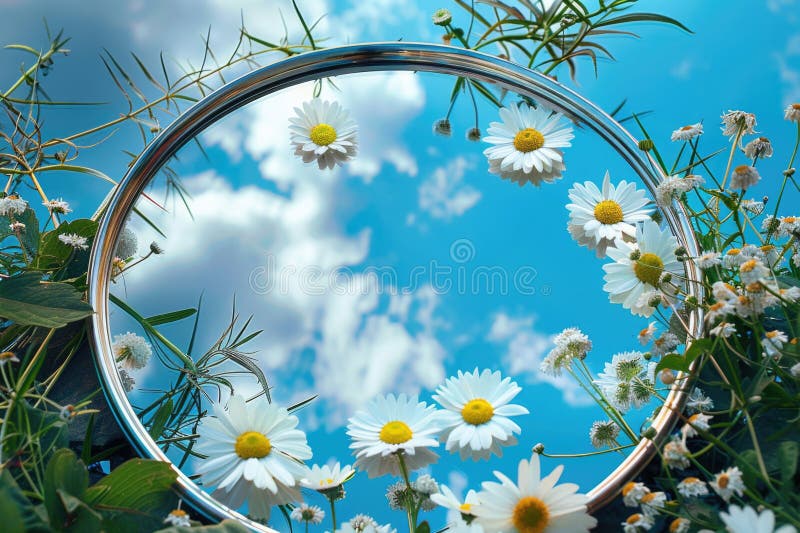 A Reflection of a Field of White Flowers in a Mirror Stock Photo ...