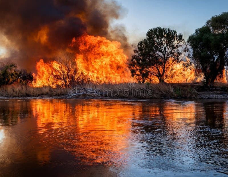 Reflection of a Fierce Fire in the Water of a River, Highlighting the ...