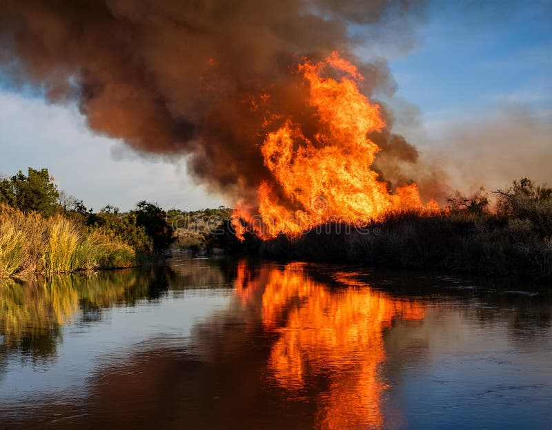 Reflection of a Fierce Fire in the Water of a River, Highlighting the ...