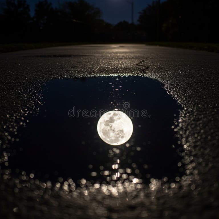 A Reflection of a Full Moon Appears in a Small Puddle on an Asphalt ...