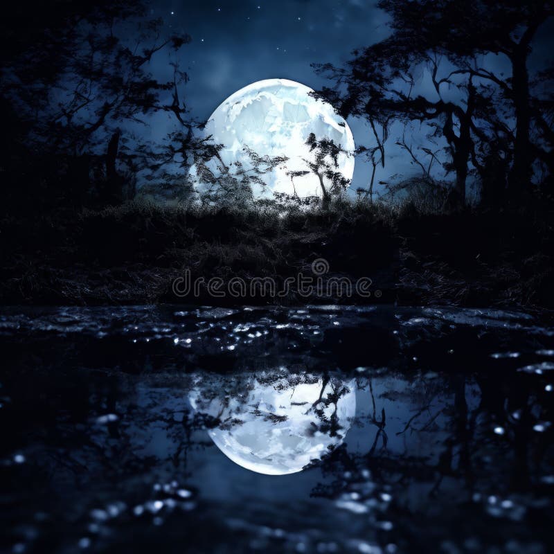 Reflection of a Full Moon in a Pond Creating a Mystical and En Stock ...