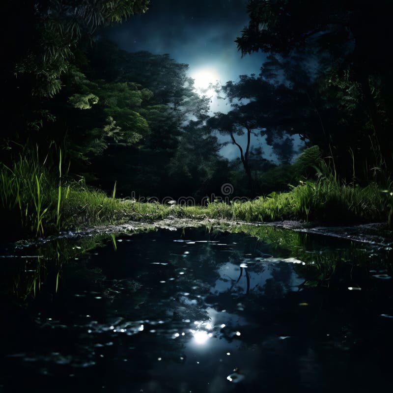Reflection of a Full Moon in a Pond Surrounded by Lush Greener Stock ...