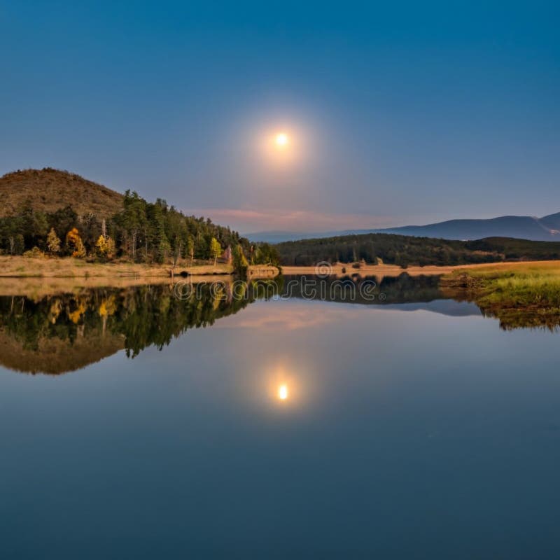 A Reflection of a Full Moon on a Still Lake. Stock Illustration ...