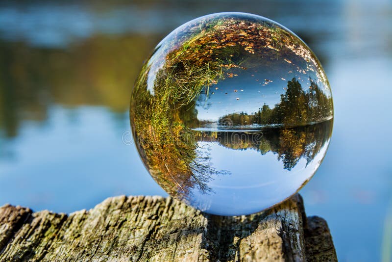 Reflection in the Glass Ball, Forest and Lake Stock Image - Image of ...