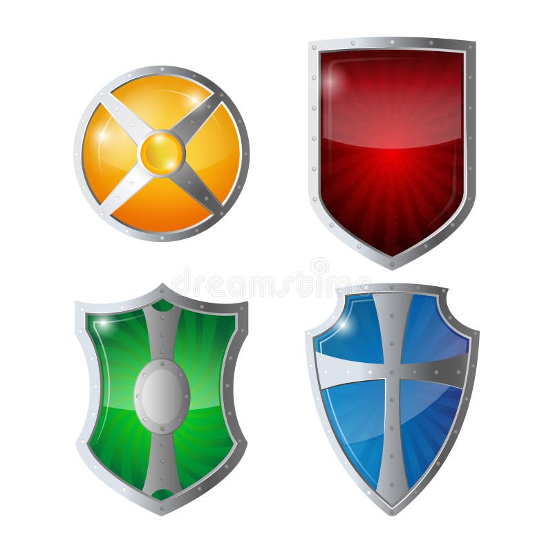 Reflection Glossy Green, Orange, Blue, Yellow Red Shields with Emblems ...