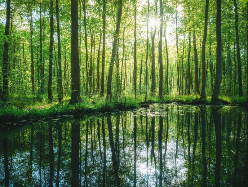 Reflection of Green Forest stock photo. Image of sunlit - 363226028