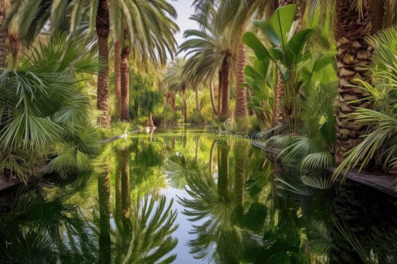 Reflection of Green Palm Trees in a Calm Oasis Pond Stock Illustration ...