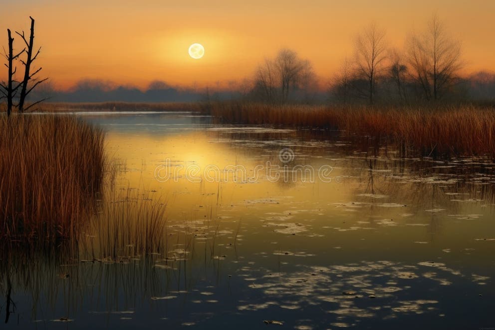 Reflection of Harvest Moon on a Tranquil Lake Surface Stock ...