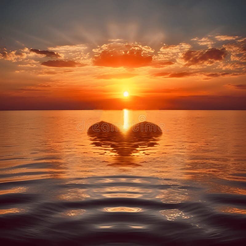 Reflection of a Heart in Sea Water at Sunset. Romantic Card Stock ...