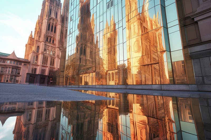 Reflection of Historic Building on Modern Glass Skyscraper Stock ...